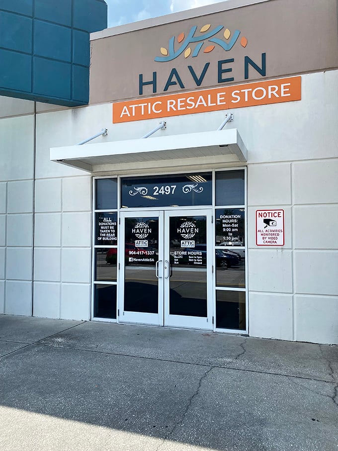 The welcoming entrance promises adventure within—where $25 can fill bags with treasures and support hospice care simultaneously.