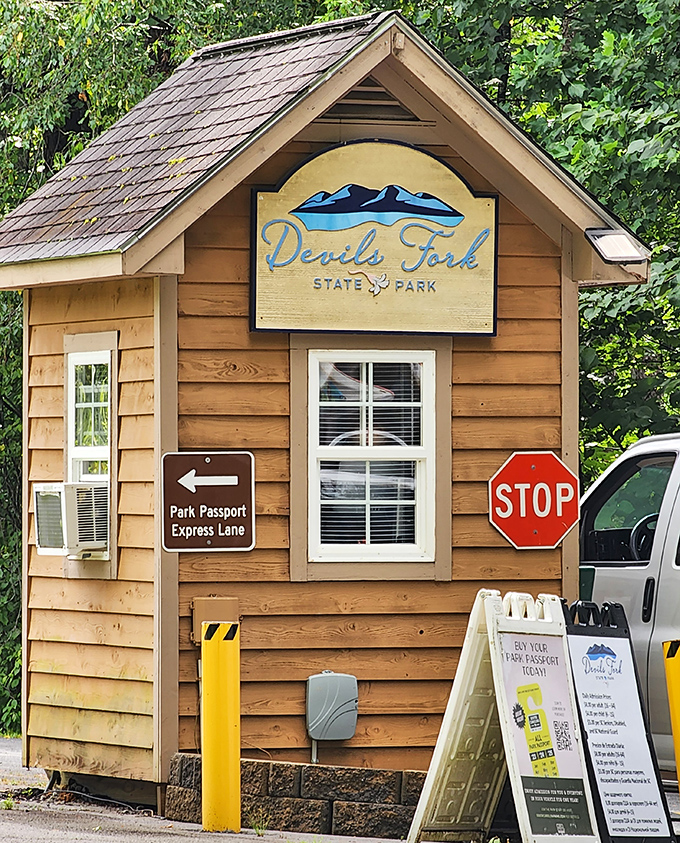 The gateway to paradise: This unassuming entrance booth is like the wardrobe to Narnia – step through and enter a world of natural wonders.
