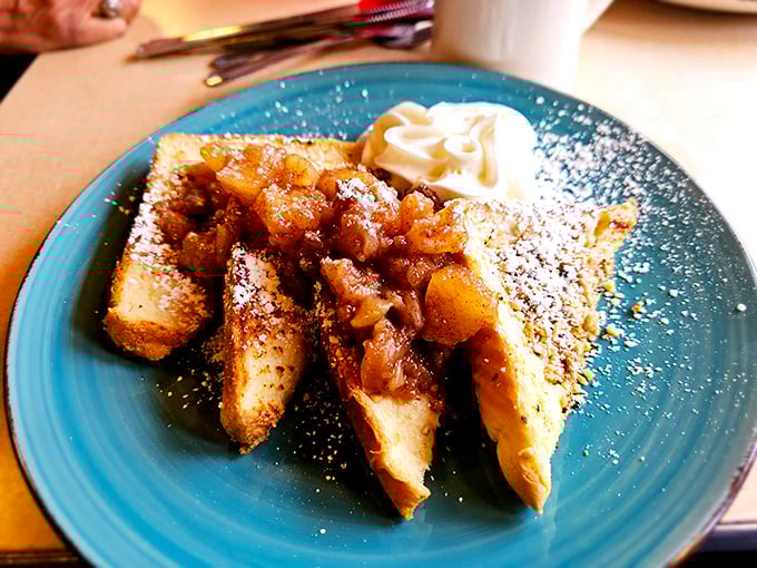 French toast that's actually been properly introduced to both French and toast concepts, topped with cinnamon-apple compote that means business.