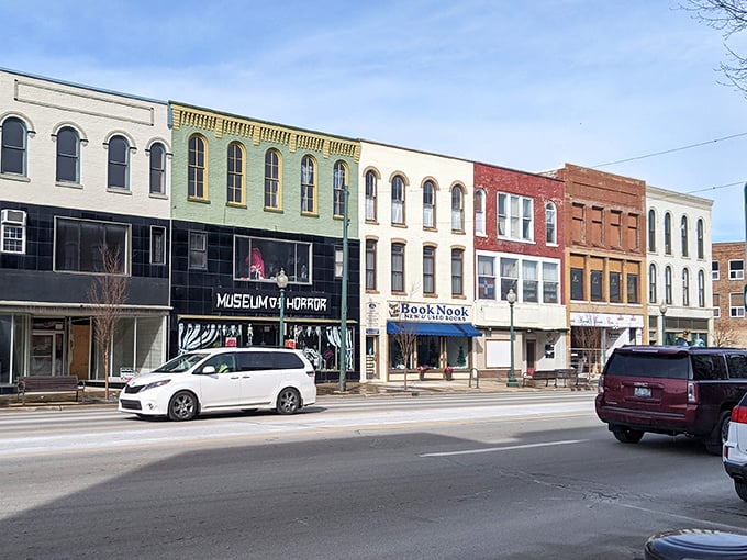 From across the street, the Museum of Horror stands out among Monroe's historic downtown buildings—a dark jewel in a colorful row.
