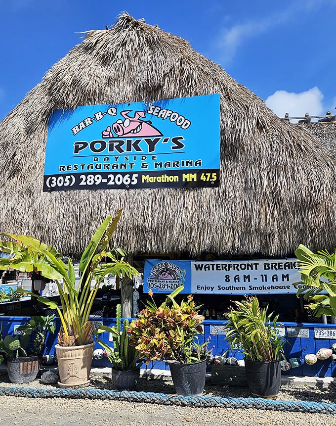 Tropical plants line the front of Porky’s Bayside, their bright greens hinting at the laid-back, Florida-Keys feast waiting inside.