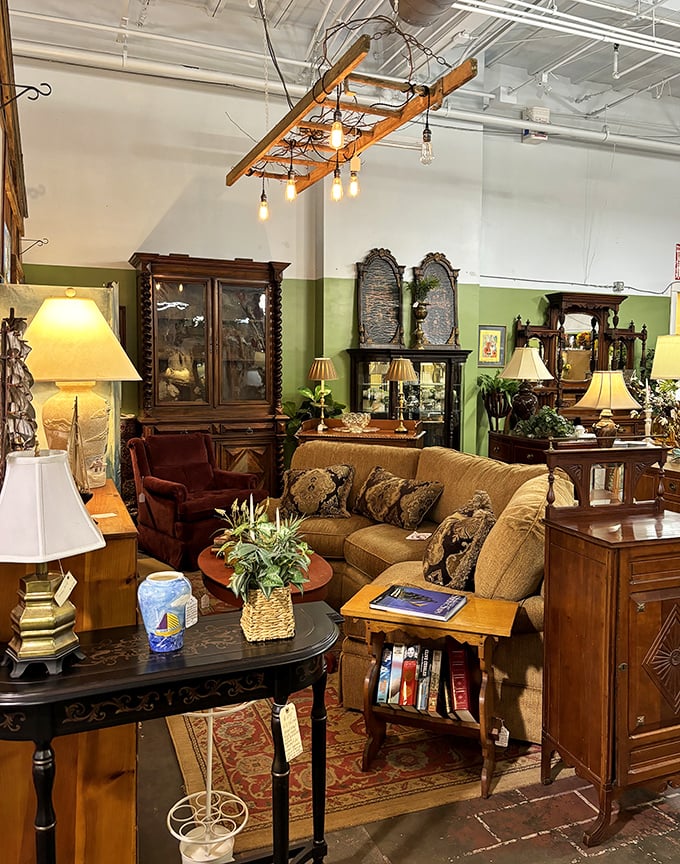 Step into a fully staged living room that feels like visiting your stylish aunt's house—if your aunt had impeccable vintage taste and a flair for design.