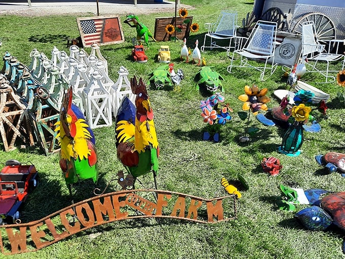 Garden art that doesn't take itself too seriously—metal roosters and welcome signs that add personality to your yard without breaking the bank.
