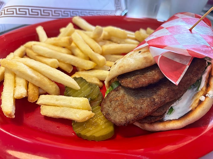 A gyro that's worth breaking your diet for, with crispy fries standing at attention like they know they're in the presence of greatness.