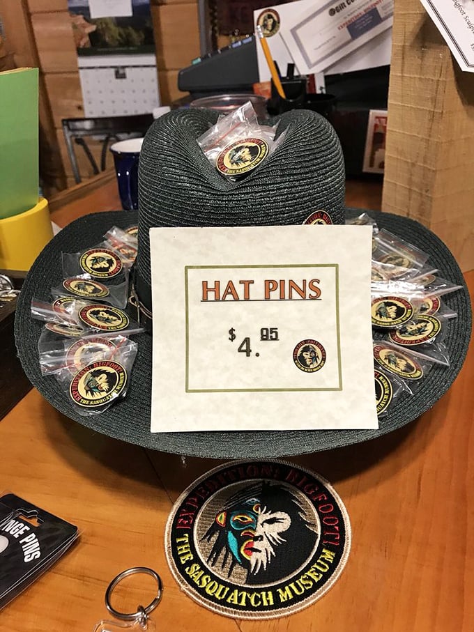 Hat pins displayed on a ranger-style hat—because nothing says "I believe" quite like accessorizing your outdoor gear with cryptid flair.