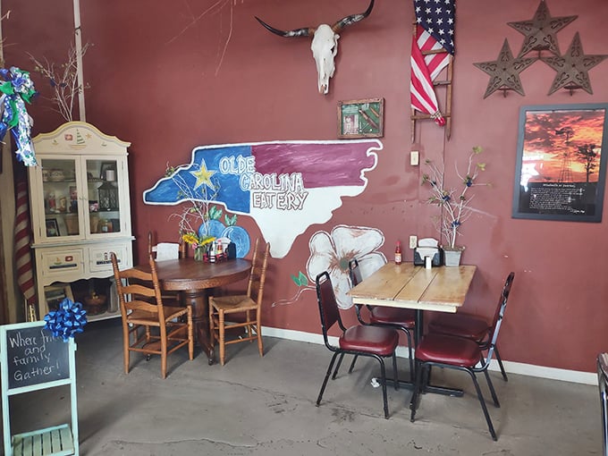 The hand-painted North Carolina outline on the wall says it all—this isn't just a restaurant, it's a love letter to local food traditions.