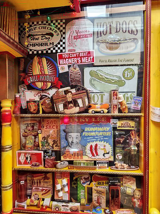 This isn't just decor—it's a shrine to hot dog history. The vintage signs and collectibles create a museum-like atmosphere that celebrates the humble frankfurter.
