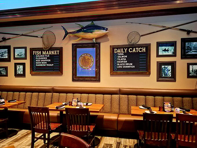 The wall décor tells you everything—you're in a place that takes its seafood seriously, right down to the mounted fish keeping watch over diners.