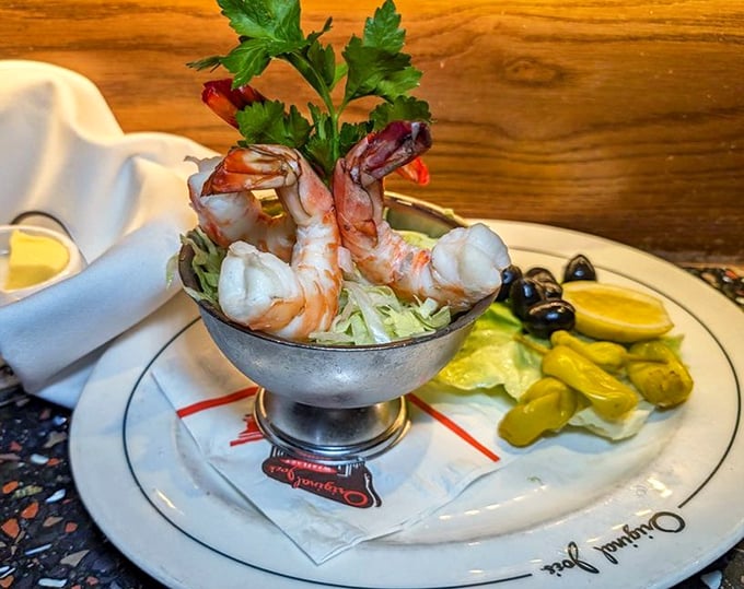 This shrimp cocktail isn't playing games—it's jumbo prawns standing at attention, ready to dive into cocktail sauce that packs a horseradish punch.