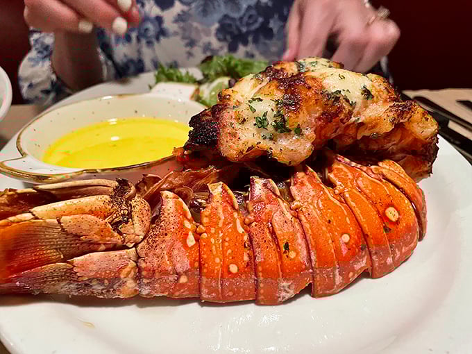 This lobster tail isn't just dinner—it's maritime royalty on a throne of butter, making every special occasion worth the drive to Old Forge.