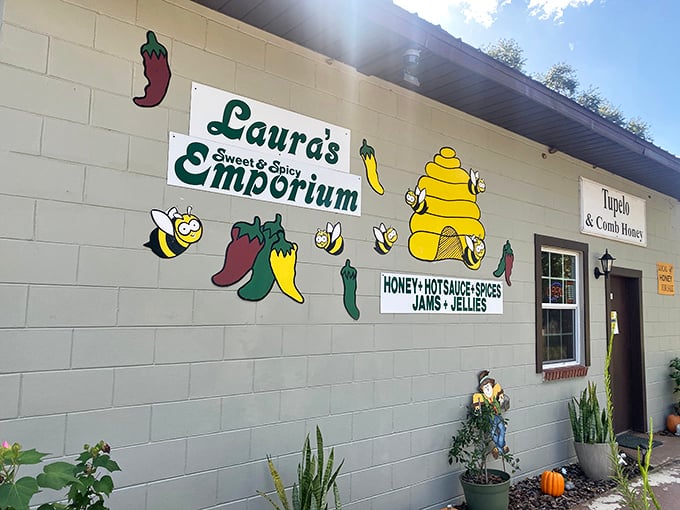 Laura's Sweet & Spicy Emporium brings artisanal honey and hot sauces to rural Florida. The bees on the sign aren't lying—this place is the buzz!
