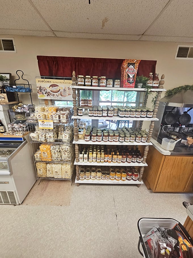 A treasure trove of homemade goods lines the shelves—jams, popcorn, and other farm-made delights to take home when the ice cream's gone.