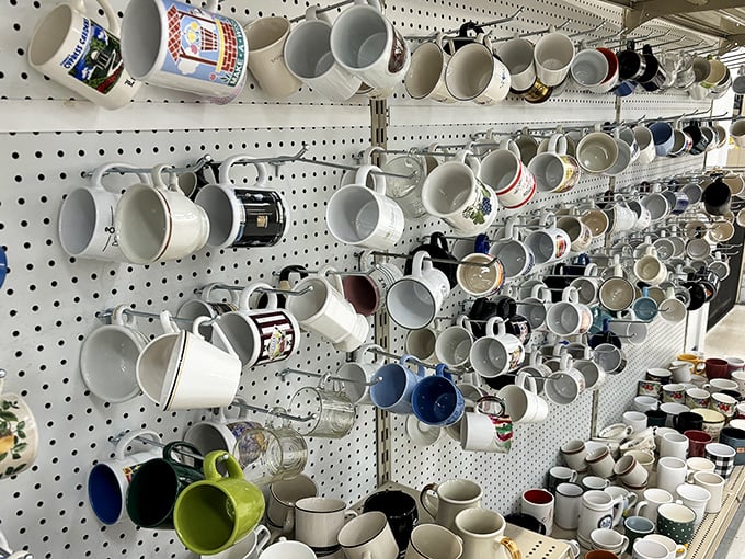 The mug wall of dreams – where every coffee lover's collection addiction meets its budget-friendly match.