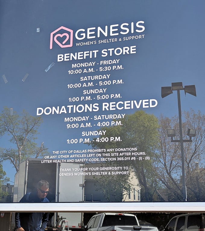 The store's mission statement and hours prominently displayed—shopping with purpose never looked so organized or accessible.