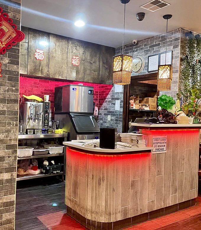 The counter glows red like a beacon of culinary hope. This is mission control for all the deliciousness that emerges from the kitchen.