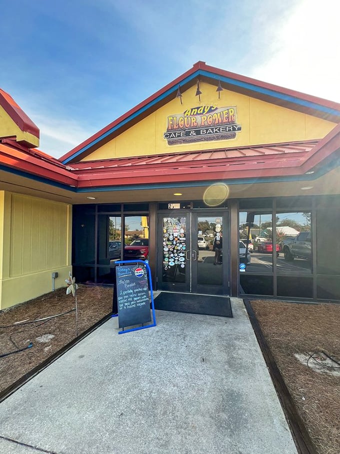 Sunshine yellow exterior with that signature red roof—as cheerful and inviting as the breakfast waiting for you inside.