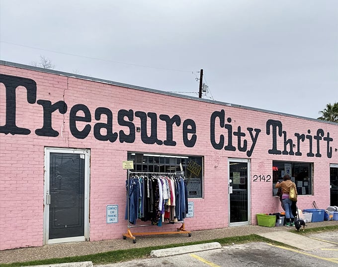 Even from the outside, Treasure City's pink walls promise adventure—a thrifting oasis where one person's discards become another's discoveries.