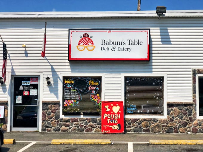 Sunshine highlights the charming façade where "I ❤️ Polish Food" isn't just a sign—it's the beginning of your own love story with pierogi.