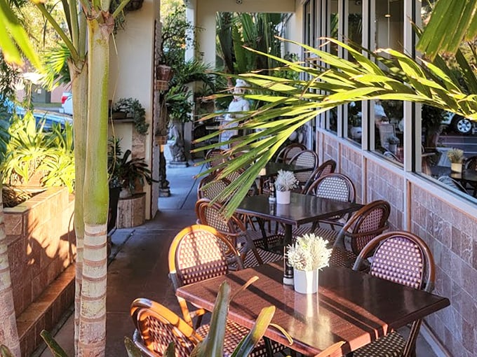 The outdoor seating area offers a tropical oasis for your breakfast—wicker chairs, palm fronds, and sunshine included at no extra charge.