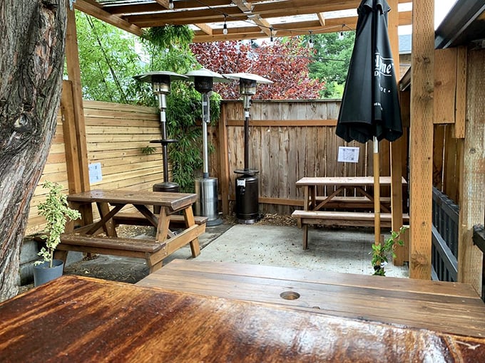 The outdoor patio—Portland's answer to al fresco dining where heaters stand guard against the morning chill while you savor that perfect bite.