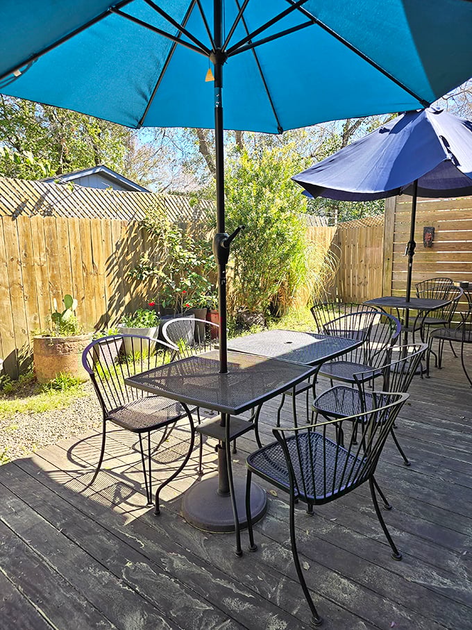 The outdoor patio offers blue-umbrella shade for those perfect South Carolina mornings. Breakfast tastes even better with a side of fresh air and birdsong.