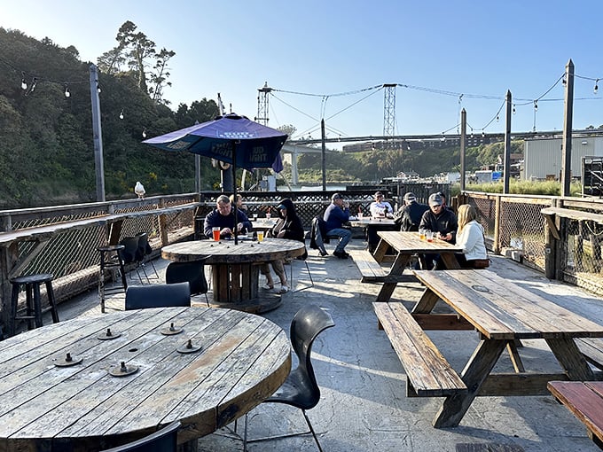 Weathered wood tables with a view of the harbor—where every meal comes with a side of California coastal magic.