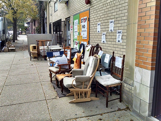 Sidewalk displays act as appetizers for the feast of finds inside—these chairs and tables basking in the Philadelphia sunshine, hoping for new homes.