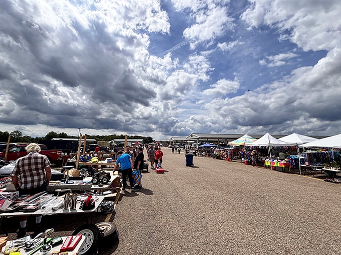 The outdoor market stretches toward the horizon under dramatic clouds. Even Mother Nature provides theatrical lighting for serious shopping.