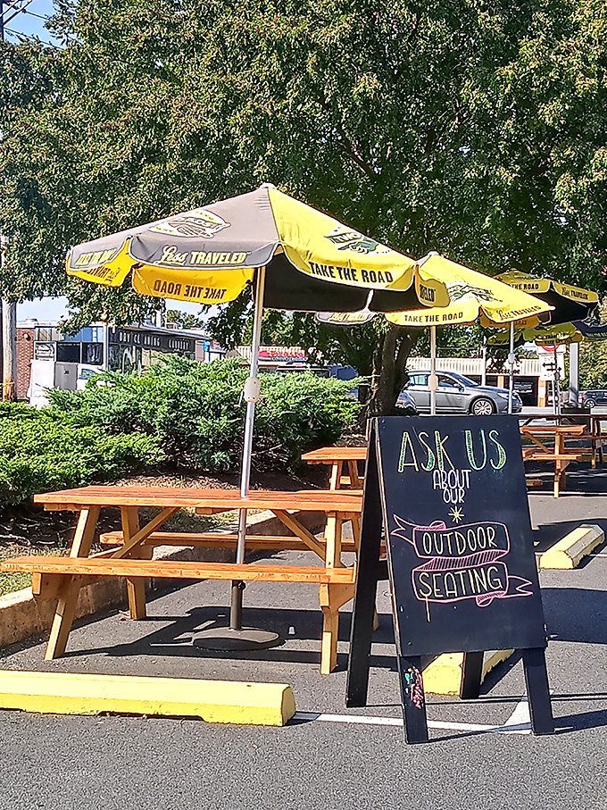 Outdoor seating extends the Lucky's experience, perfect for savoring great food while watching the world go by.