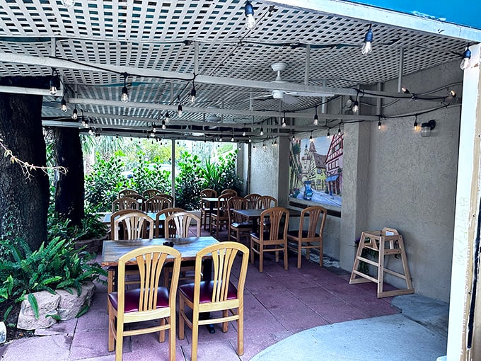 Outdoor seating that feels like a secret garden. This patio space offers a tranquil spot to enjoy your schnitzel while Florida's weather plays nice.