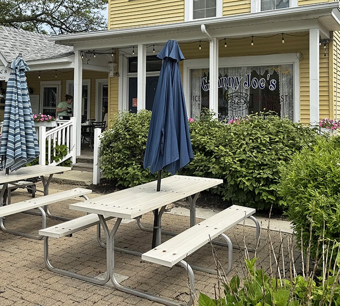 Picnic tables under shade trees create perfect spots for al fresco dining when weather cooperates beautifully.