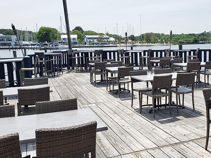 The outdoor deck isn't just seating—it's front-row tickets to the greatest show on water: Chesapeake Bay in all its glory.