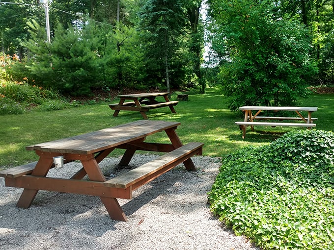Picnic tables nestled in dappled shade offer the perfect spot to savor your sandwich while contemplating life's important questions—like dessert.