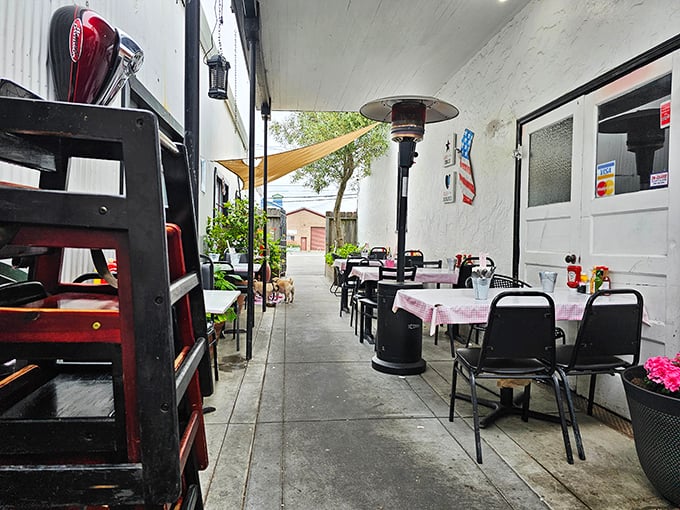 The outdoor seating area offers a moment of California sunshine between courses—or a place to contemplate how you'll manage to finish everything you ordered.