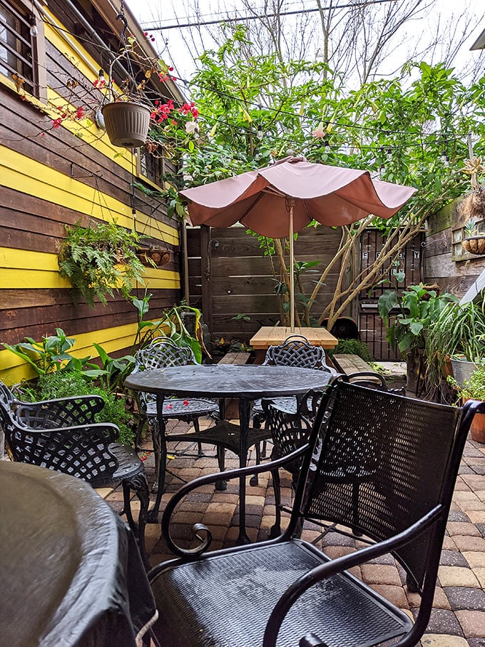 A secret garden of barbecue bliss. This patio is where time slows down and sauce-stained napkins pile up.
