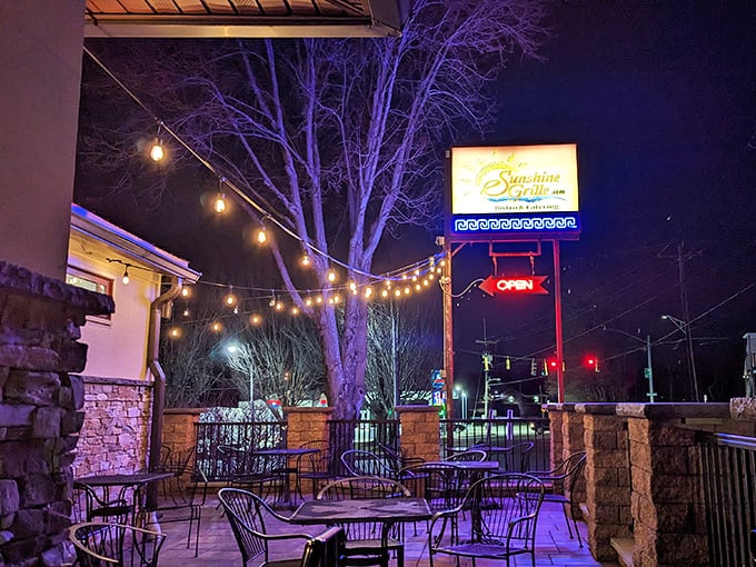 String lights transform the patio into an enchanted evening escape—perfect for savoring pie under the stars.