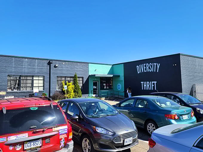 On sunny days, Diversity Thrift's exterior reveals its true colors—a beacon for bargain hunters and community supporters alike.