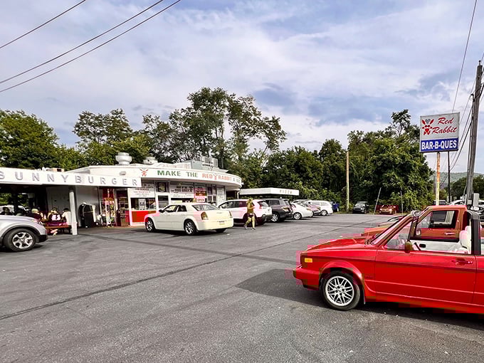 From this angle, the Red Rabbit isn't just a restaurant—it's a landmark. Cars in the lot represent pilgrims who've come to worship at the altar of comfort food.