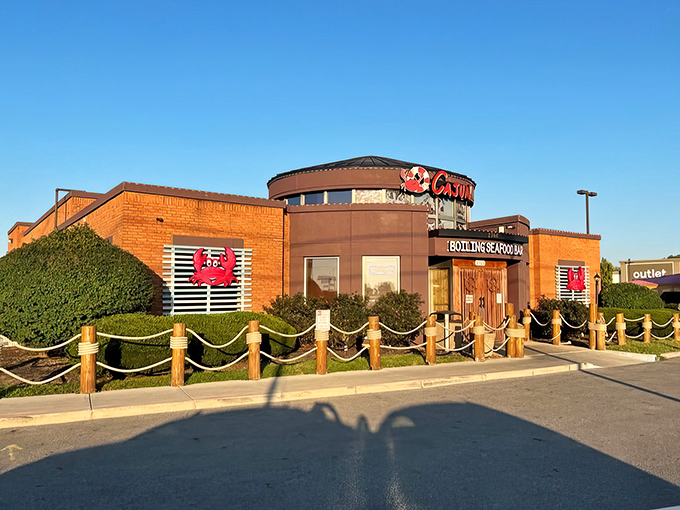 The restaurant's exterior in daylight reveals its distinctive architecture—a beacon for seafood lovers throughout central Ohio.