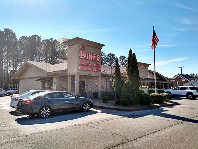The Diner at Sugar Hill announces itself with vintage-style signage and classic American charm. Not just a restaurant—a landmark for hungry travelers.