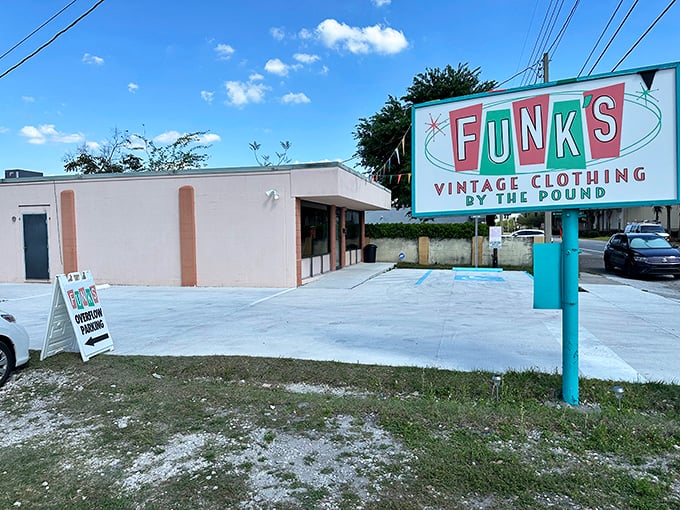 That retro sign out front promises clothing "by the pound" – the only weight gain that's actually exciting.