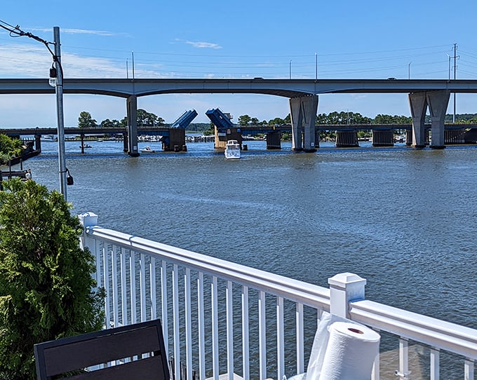The Kent Narrows drawbridge view from Harris's deck. Where boats and seafood lovers alike make their pilgrimage to Maryland's crab central.