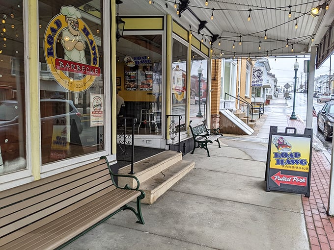 The welcoming entrance with its bench invites you to sit a spell—either in anticipation of what's to come or to recover from the food coma that follows.