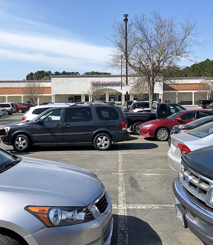 A packed parking lot—the universal sign of "you've found the good place." Thrift shoppers know: if it's busy, it's worth the visit.