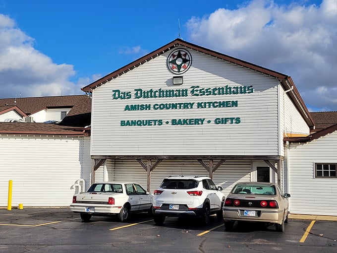 The parking area might be the only ordinary thing about Das Dutchman Essenhaus—though finding a spot after Sunday service requires divine intervention.