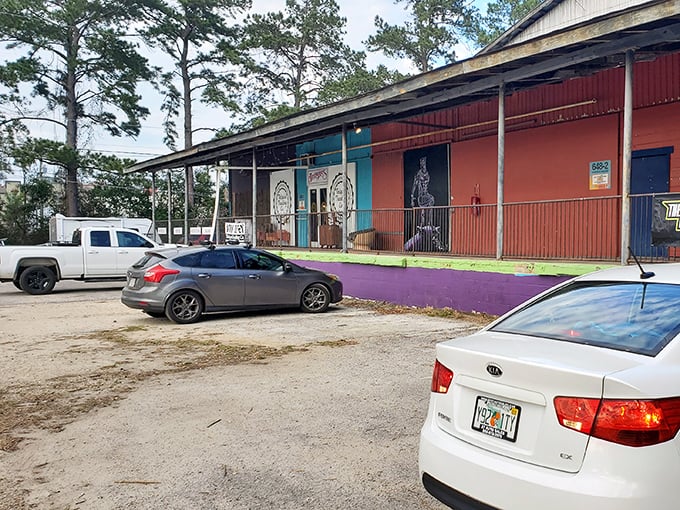 Even the parking lot has character—pine trees provide shade for treasure hunters' vehicles while they explore inside. Florida practicality at its finest.