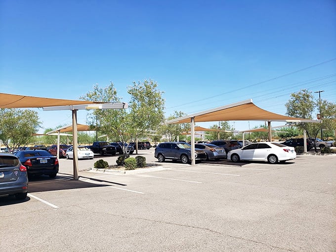 Shade sails hover protectively over parked cars like rectangular guardian angels, defending vehicles from the merciless Arizona sun while their owners hunt for deals.