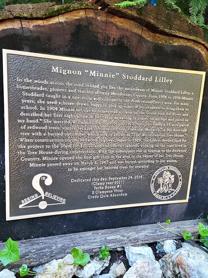 A historical plaque reveals the area's connection to local pioneer Minnie Stoddard Lilley – adding unexpected depth to this quirky roadside stop.
