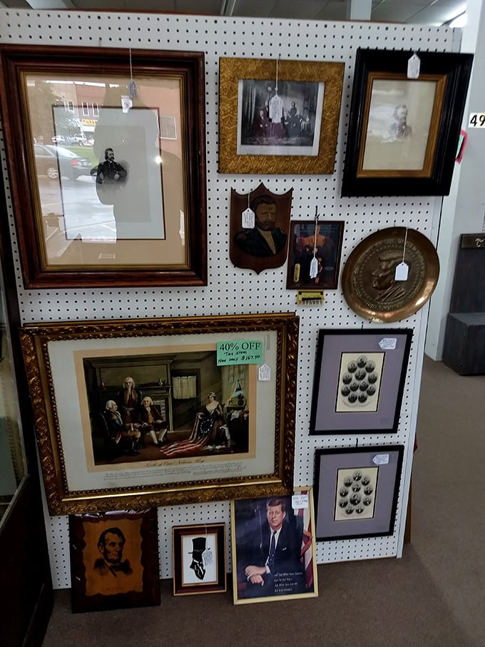 Presidential portraits and historical prints create a gallery wall that's part history lesson, part American time capsule—from Lincoln to Kennedy in one nostalgic glance.