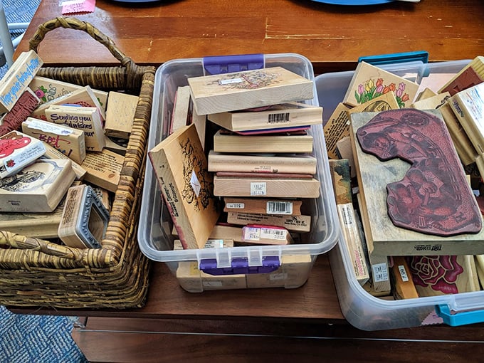 Rubber stamps that once organized someone's correspondence now await your crafting inspiration—or at least your grandkids' rainy-day entertainment.